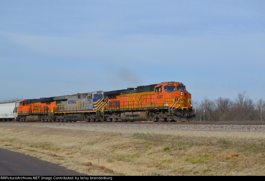 BNSF 4097 with a eb stack train